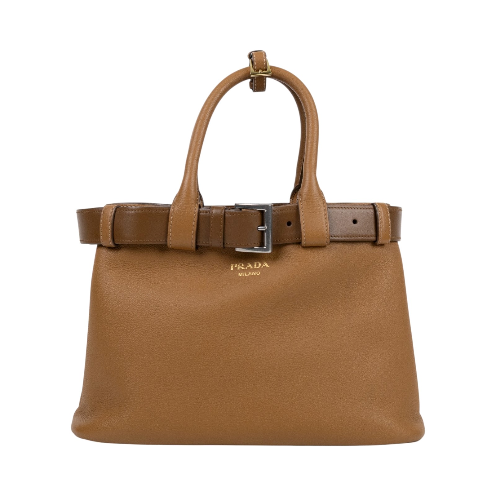 普拉達 PRADA Buckle 連皮帶 手提包 小型 1BA434_2CY9 焦糖Buckle 皮革手袋連皮帶 小號 防塵袋/背帶 二手精品 ...